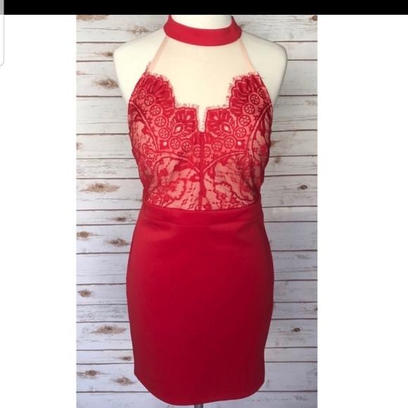 Trixxi | Dresses | New Trixxi Lace Dress High Neck Red Nude | Poshmark